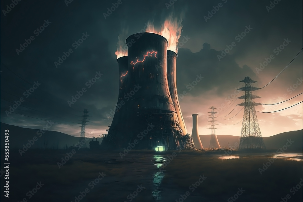 Post apocalyptic nuclear reactor. Nuclear power plant. Stormy sky ...