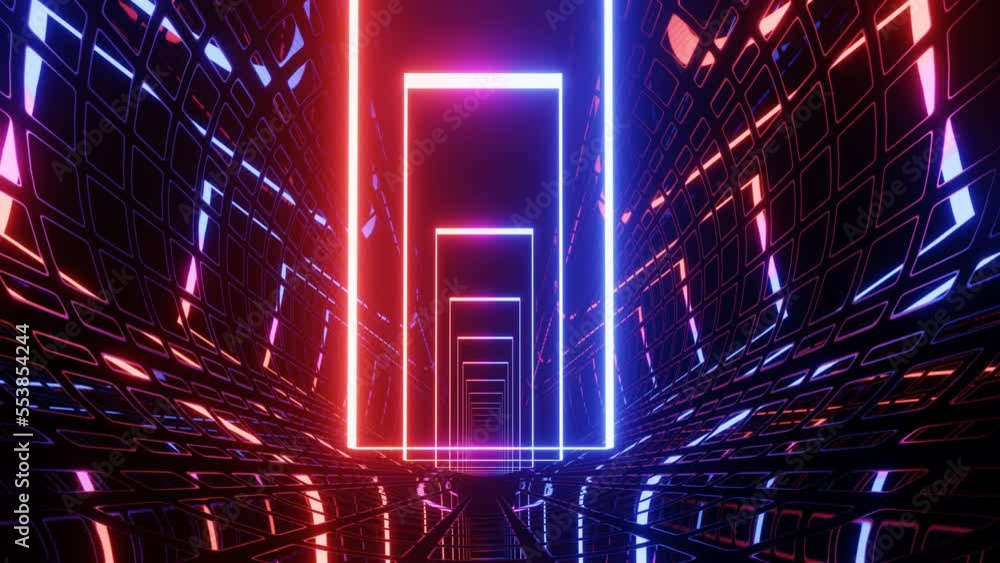 Hi-tech neon sci-fi tunel. Trendy neon glow lines form pattern and ...