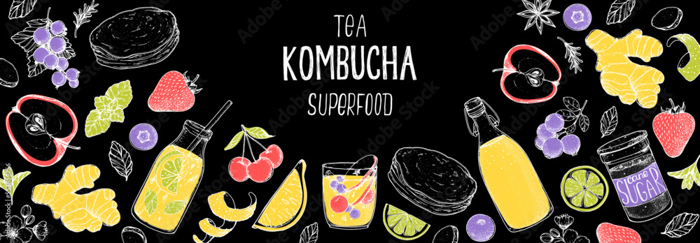 Kombucha tea and ingredients for kombucha sketch. Hand drawn vector ...