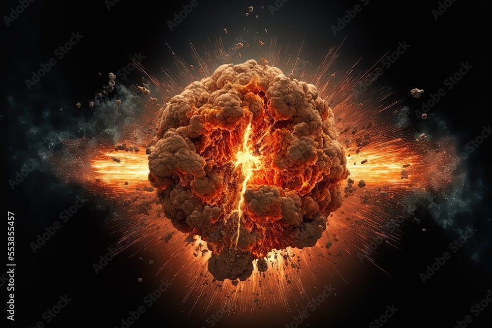 fireball created by a nuclear explosion on a war-torn space and world ...