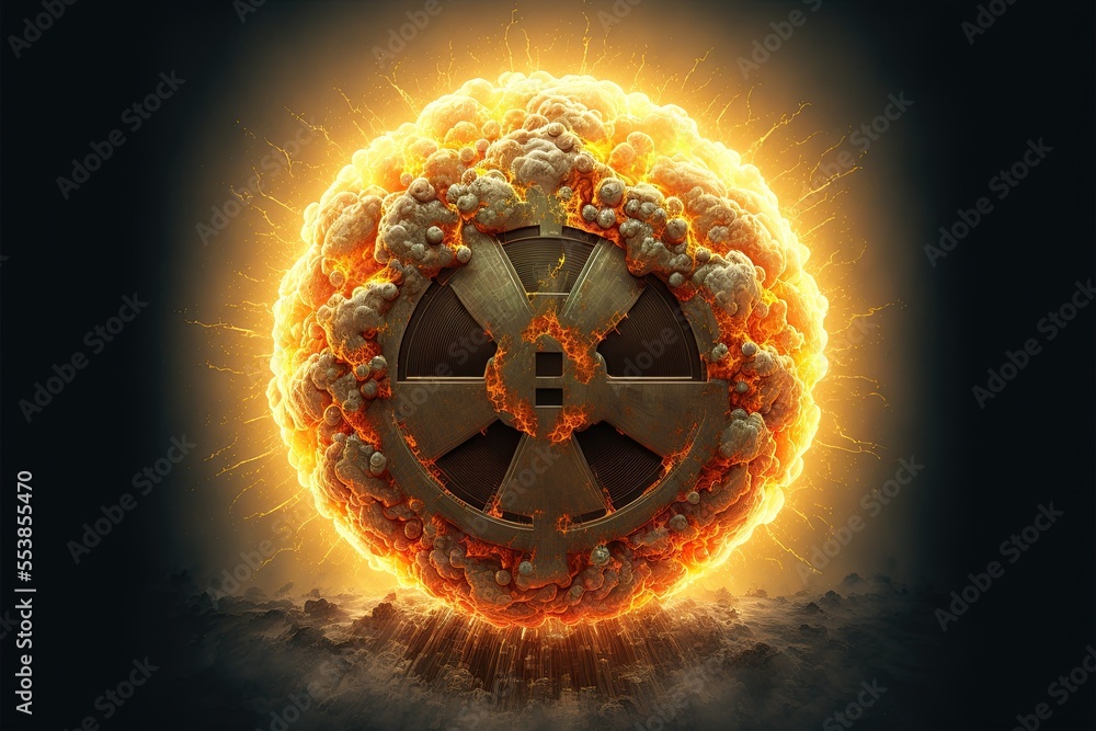 A nuclear explosion fire ball in a nuclear mushroom cloud of an ...