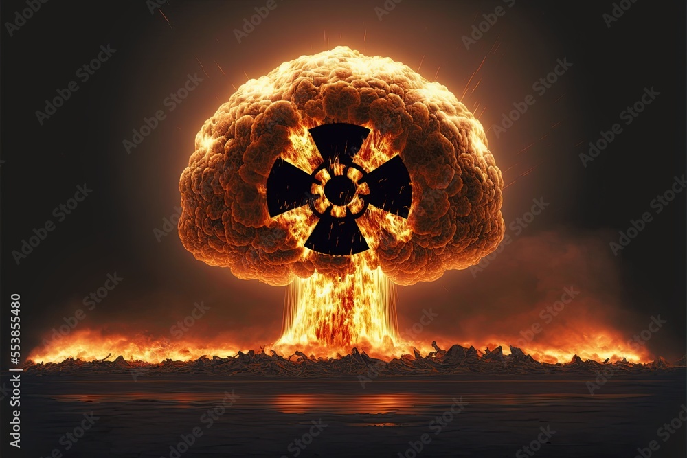 mushroom of fire of a nuclear explosion in the skyline creating a ...