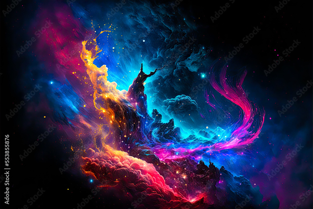Colorful blacklight painting of space, nebula, stars. Generative AI ...
