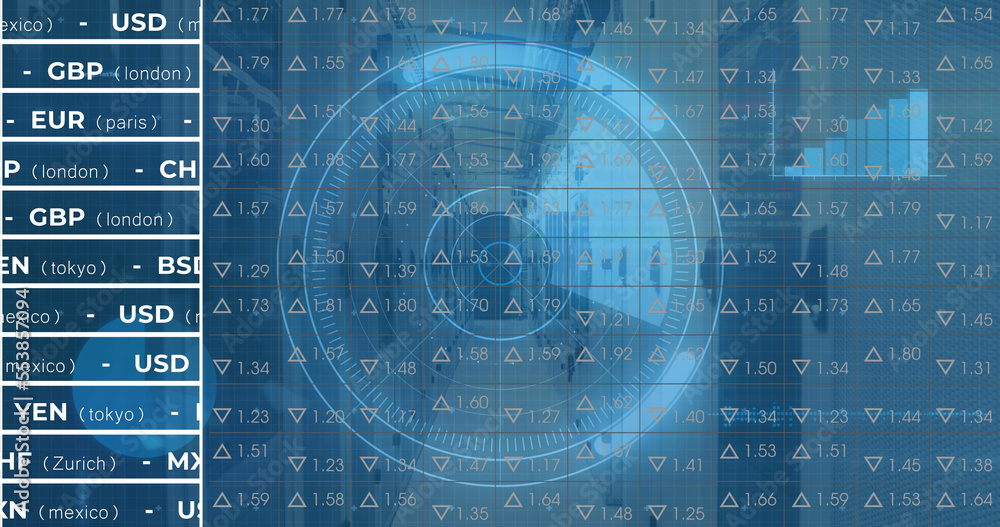 Image of digital data processing and digital interface and grid over blue background Stock イラスト ...