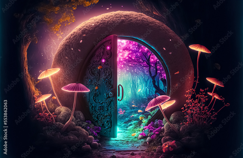 Magical door. Fantasy enchanted fairy tale forest with magical opening secret door and mystical ...
