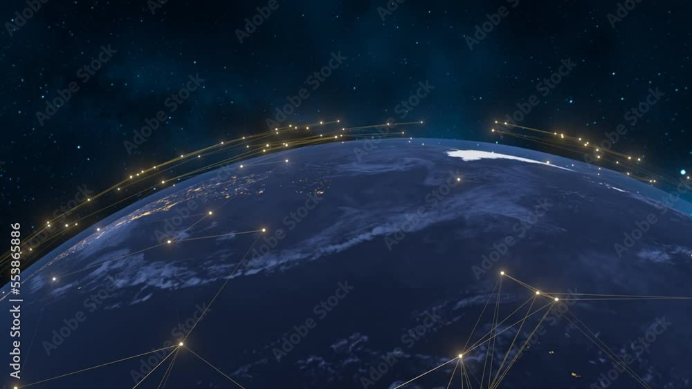 Tech earth globalization in 3d animation. Global Business dots on ...