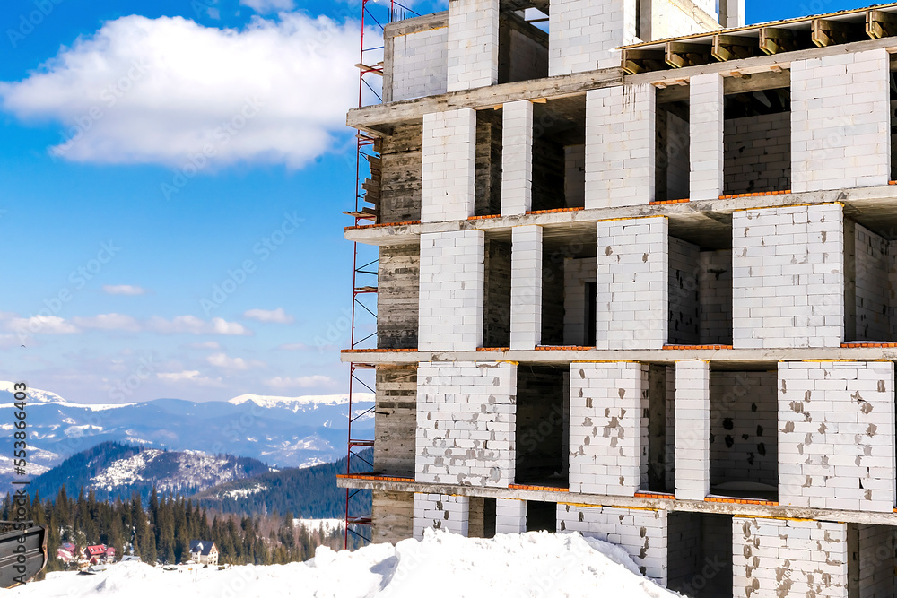 Unfinished house,building,hotel,mansion construction in mountains ...