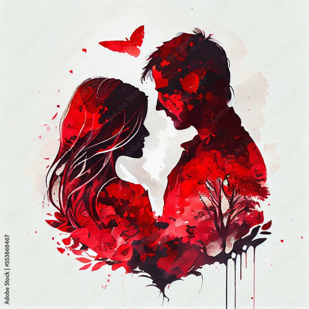 Romantic couple silhouette red black on white background heat shape ...