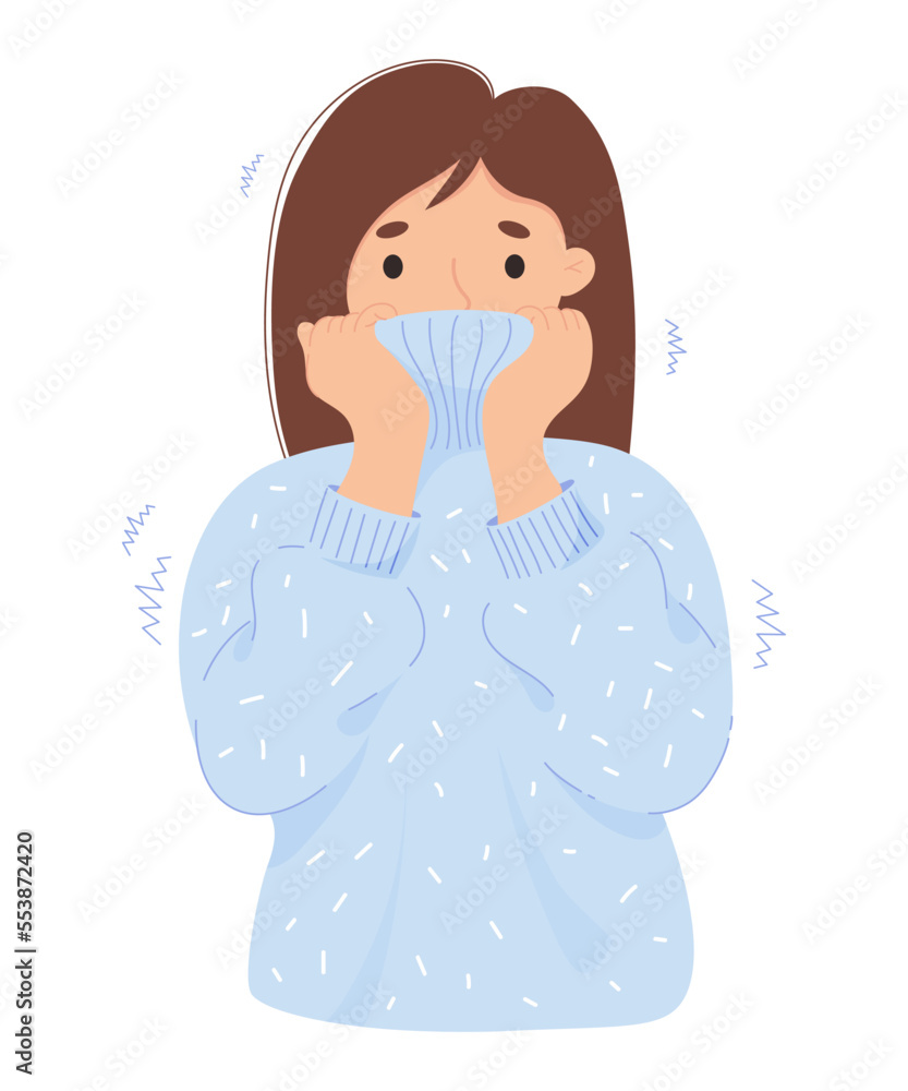 Woman freezing wearing wrapped in warm sweater and shivering. Cartoon ...