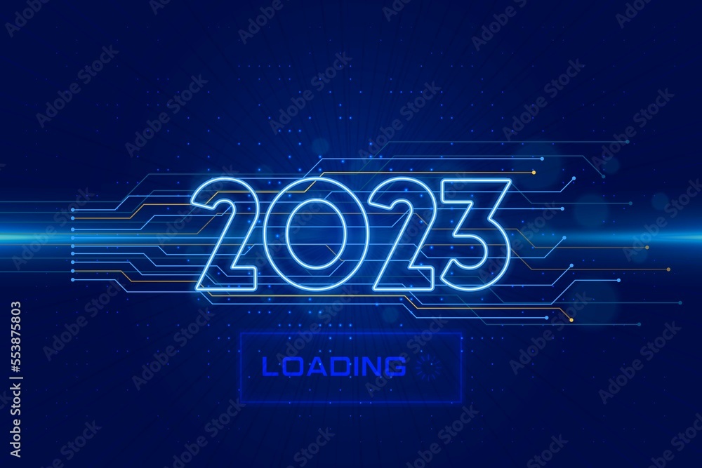 2023 New Year Loading. 2023 Happy New Year greeting card with tech ...