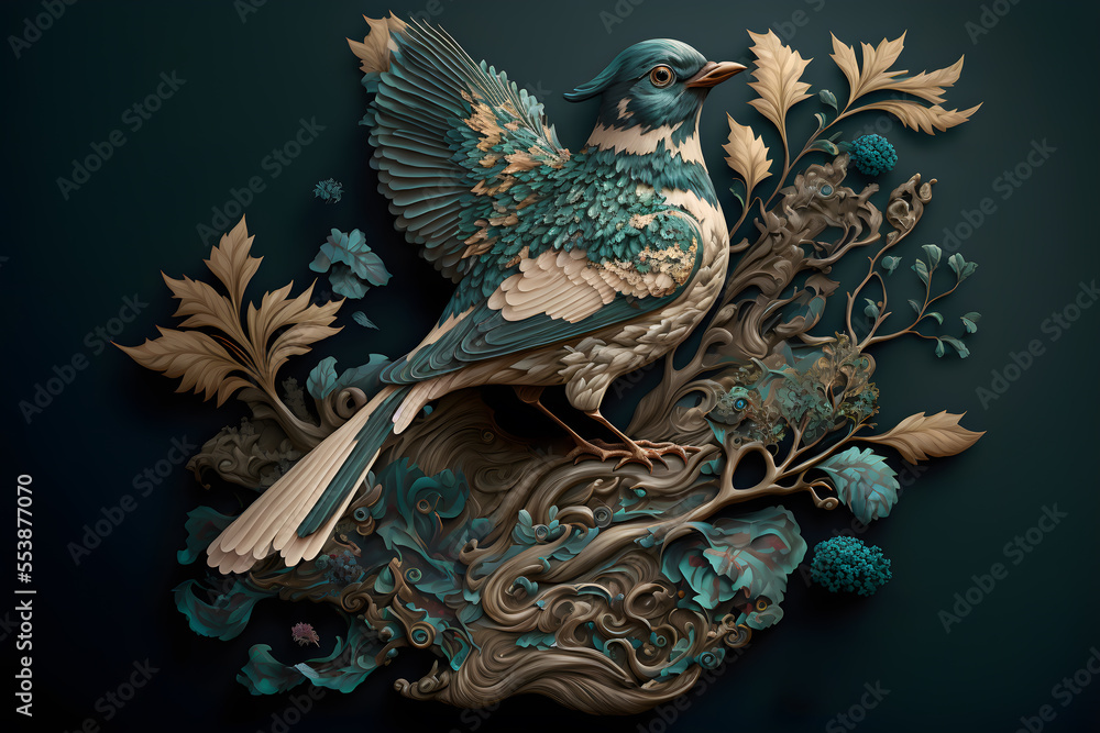 3d illustrative drawing of a bird with ornaments and flowers. Intricate ...