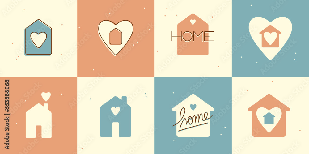 Vector love home abstract logo set. heart simple style, linear drawing ...