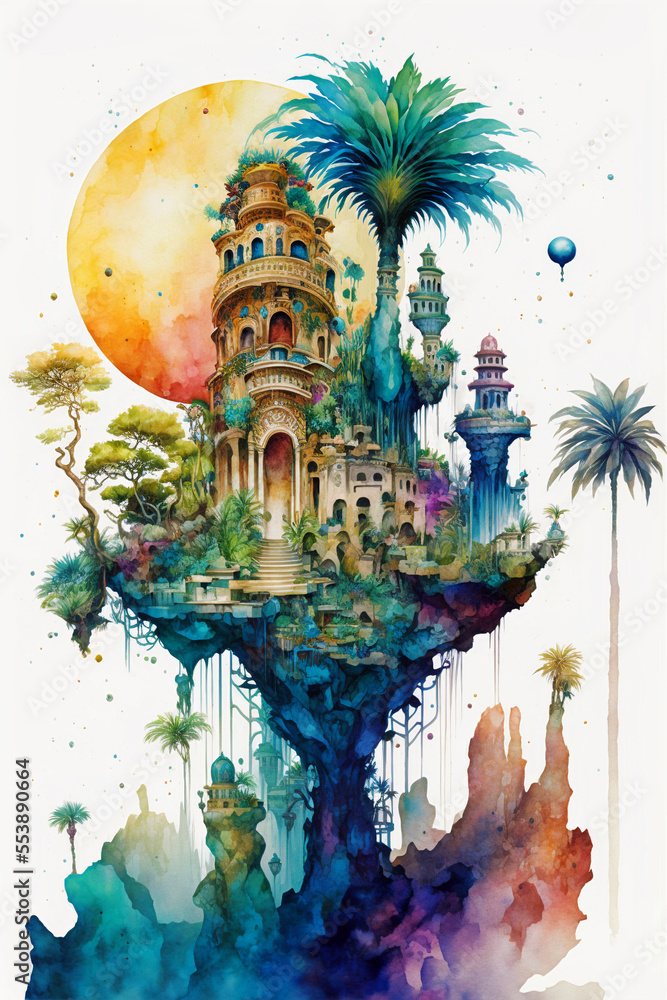 Watercolor Painting of a Magical Dreamscape Castle with Lush Plants ...