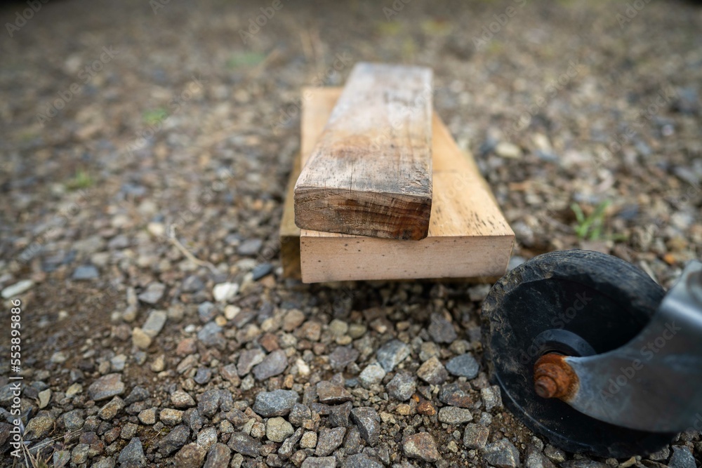wood chocks for a caravan and camping. chocks behind a tyre. camping ...
