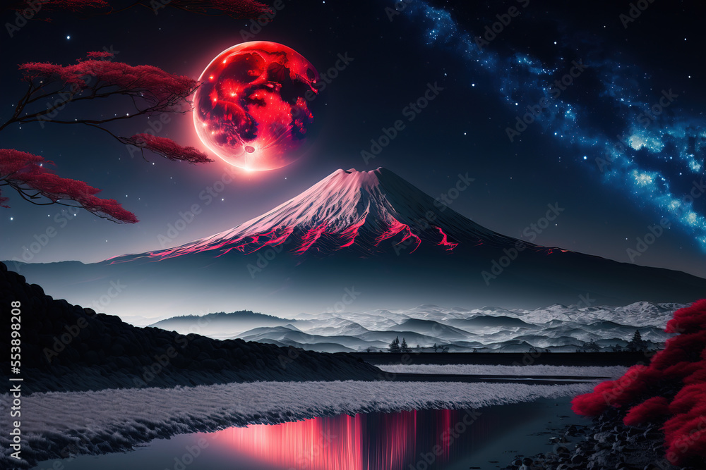 Mount Fuji landscape from Kawaguchiko lake. Mount Fuji at mysterious ...