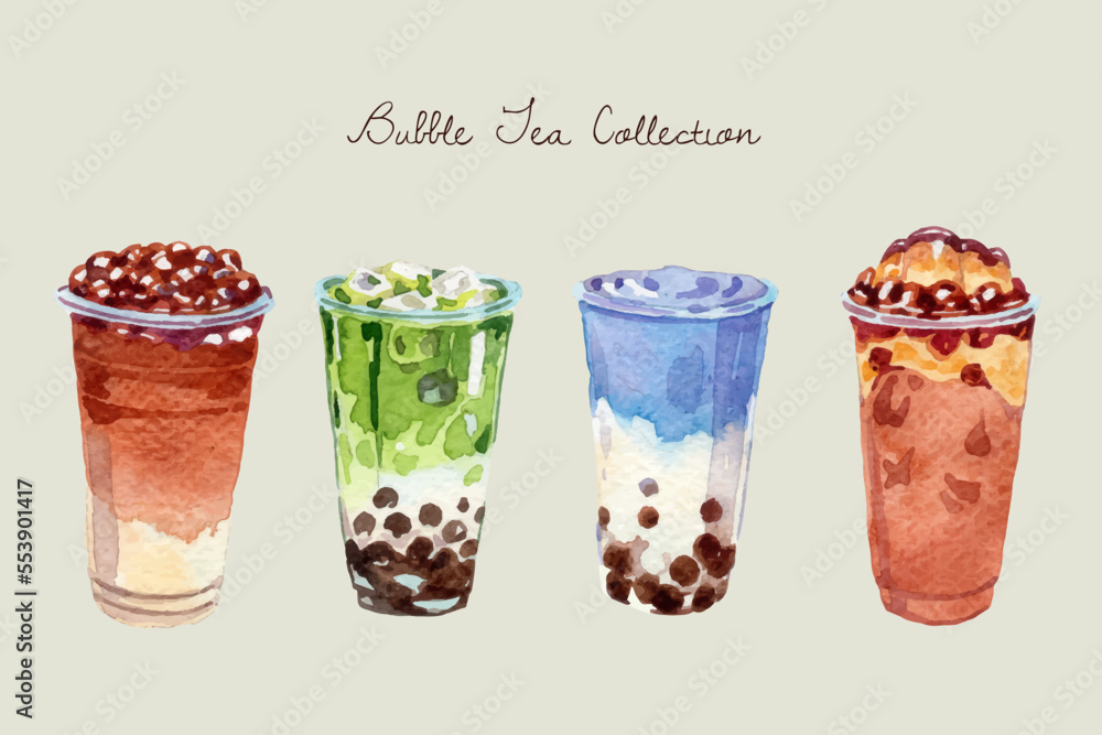 Watercolor bubble tea collection Stock Vector | Adobe Stock