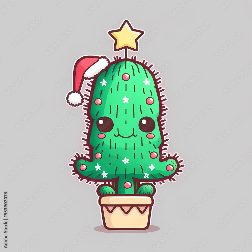 Chibi Smiling Christmas Tree Cactus with Fruit, a Santa Hat, and a Star ...