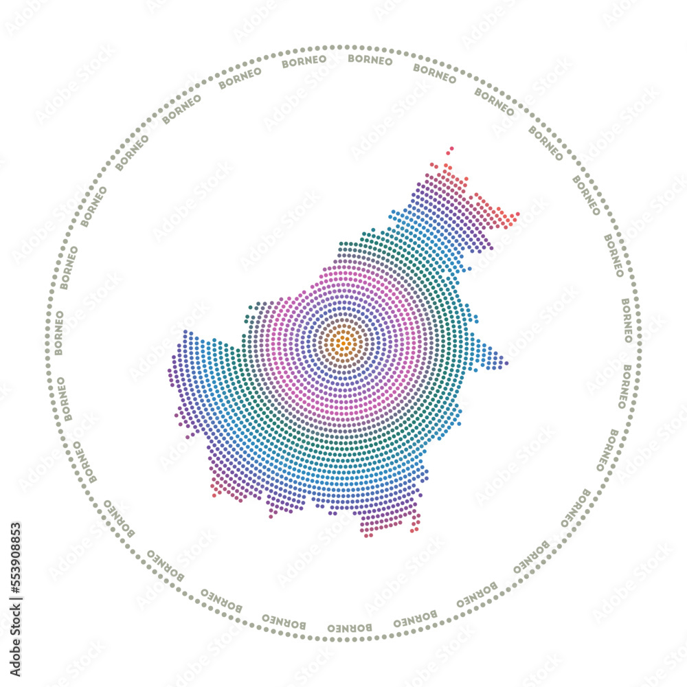 Borneo round logo. Digital style shape of Borneo in dotted circle with ...