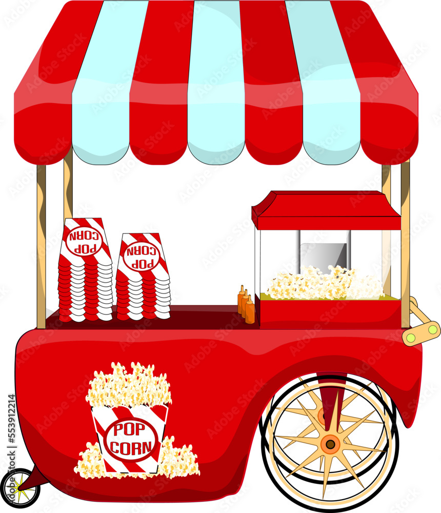 street food cart. red pop corn market stall template. Pop corn kiosk ...