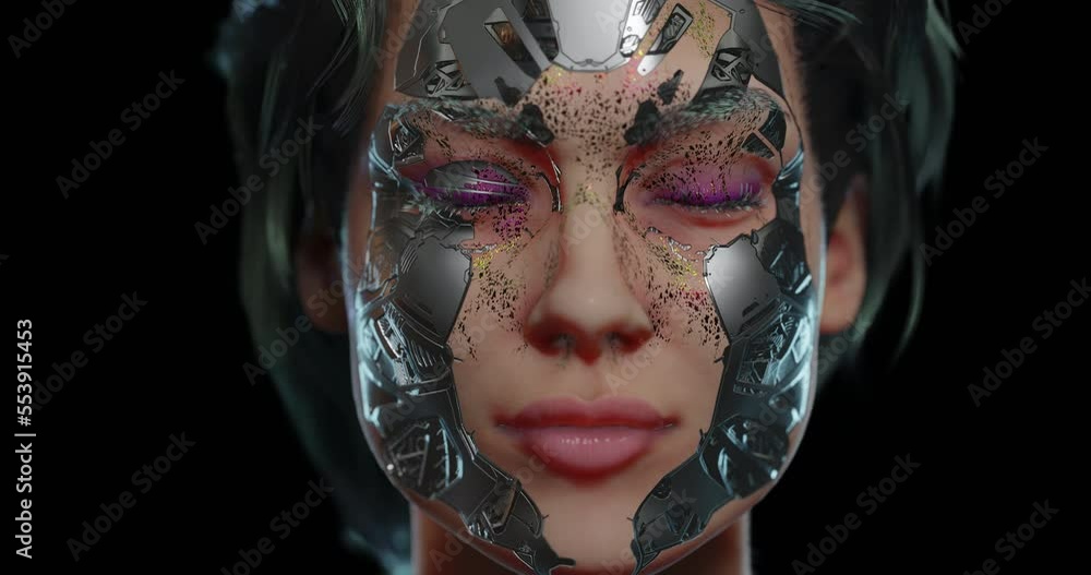 Robot girl with human skin on face, mechanical eyes as a futuristic ...