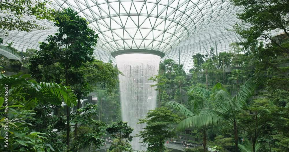 Lush indoor Singapore airport rainforest surround dome waterfall ...