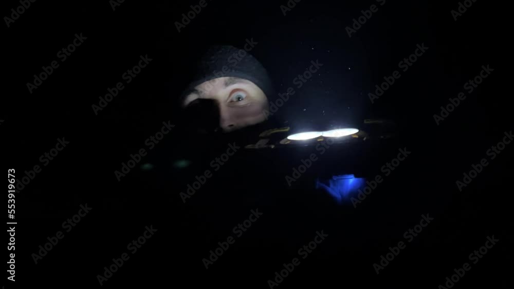 Man With Illuminated Flashlight Looking Away In Darkroom face with a ...