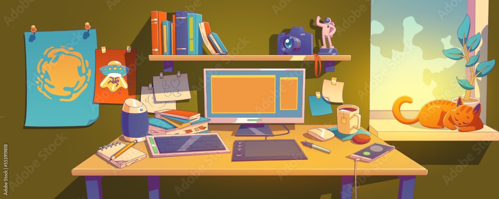Digital artist home workplace with computer and graphic tablet on desk ...
