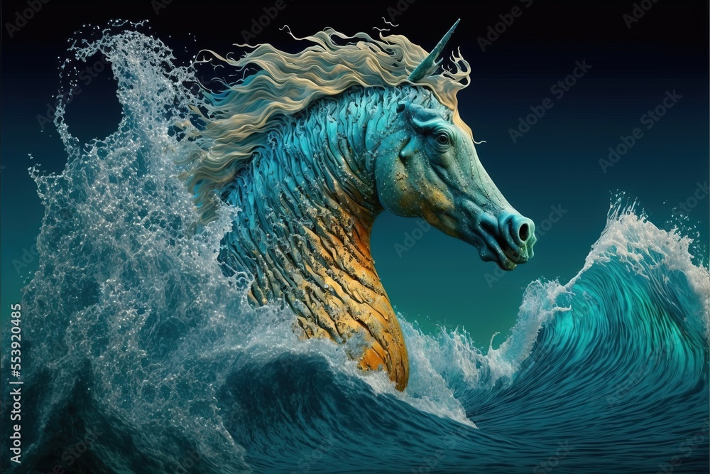 Unique fantasy sea horse creature rising from the ocean depths, ancient ...