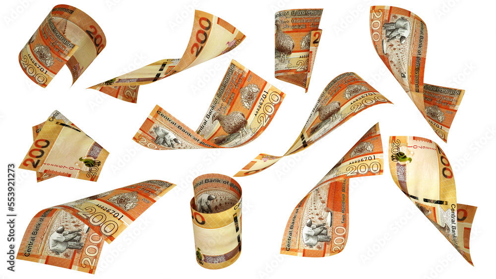 3D rendering of 200 Gambian dalasi notes flying in different angles and ...