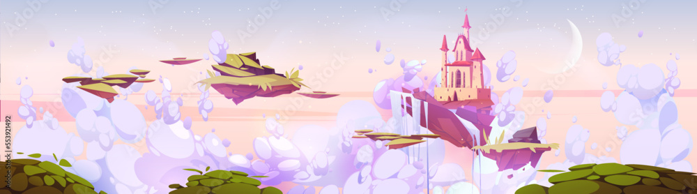 Magic castle on floating island in pink morning sky with fluffy clouds ...