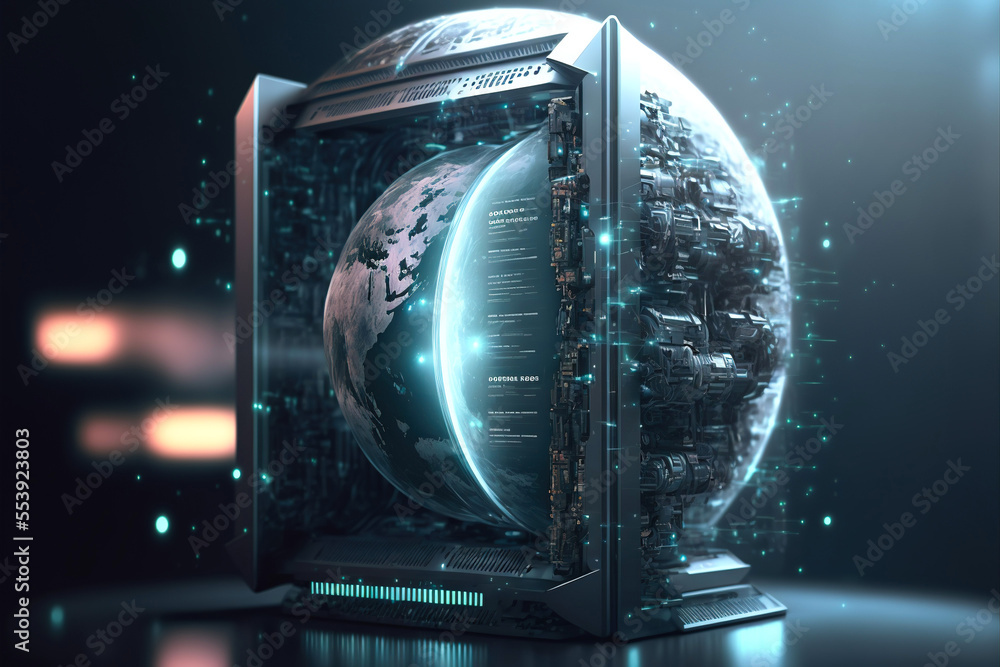 Future super computer with neon light, futuristic computer engine ...