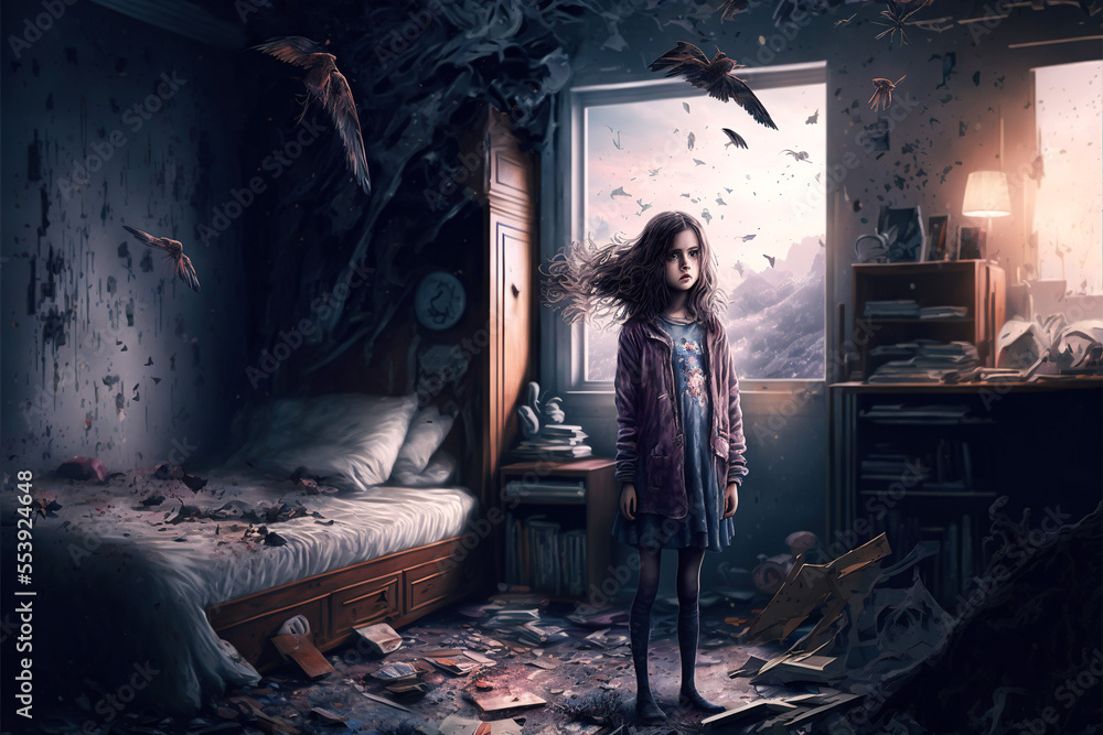Sinister dark scene with lonely child in shattered and destroyed room ...