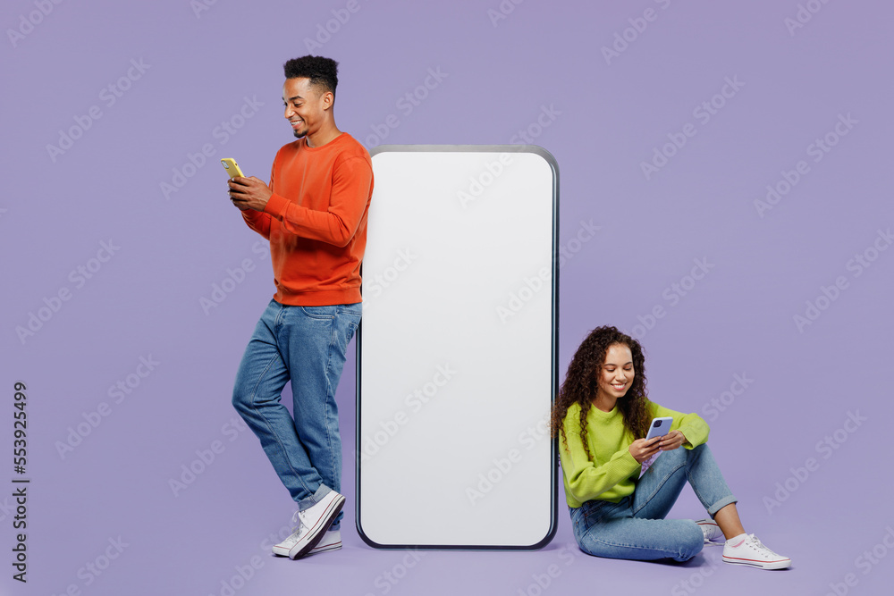 Full body young couple two friends family man woman wear casual clothes ...