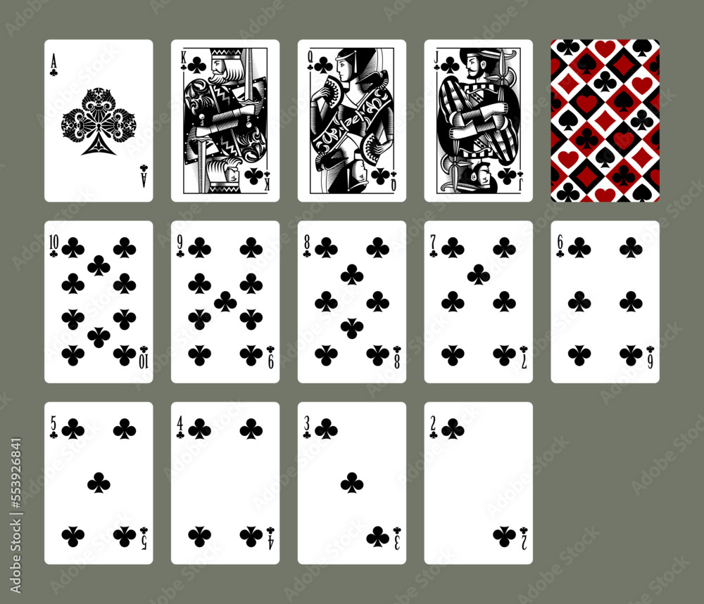 Playing cards set of Clubs suit in vintage engraving drawing style in ...