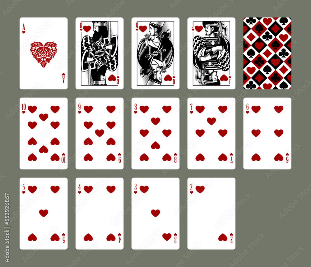 Playing cards set of Hearts suit in vintage engraving drawing style in ...