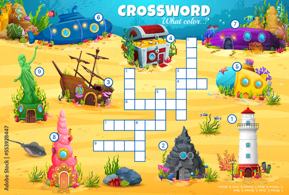 Underwater cartoon house buildings. Crossword quiz game grid. Kids ...