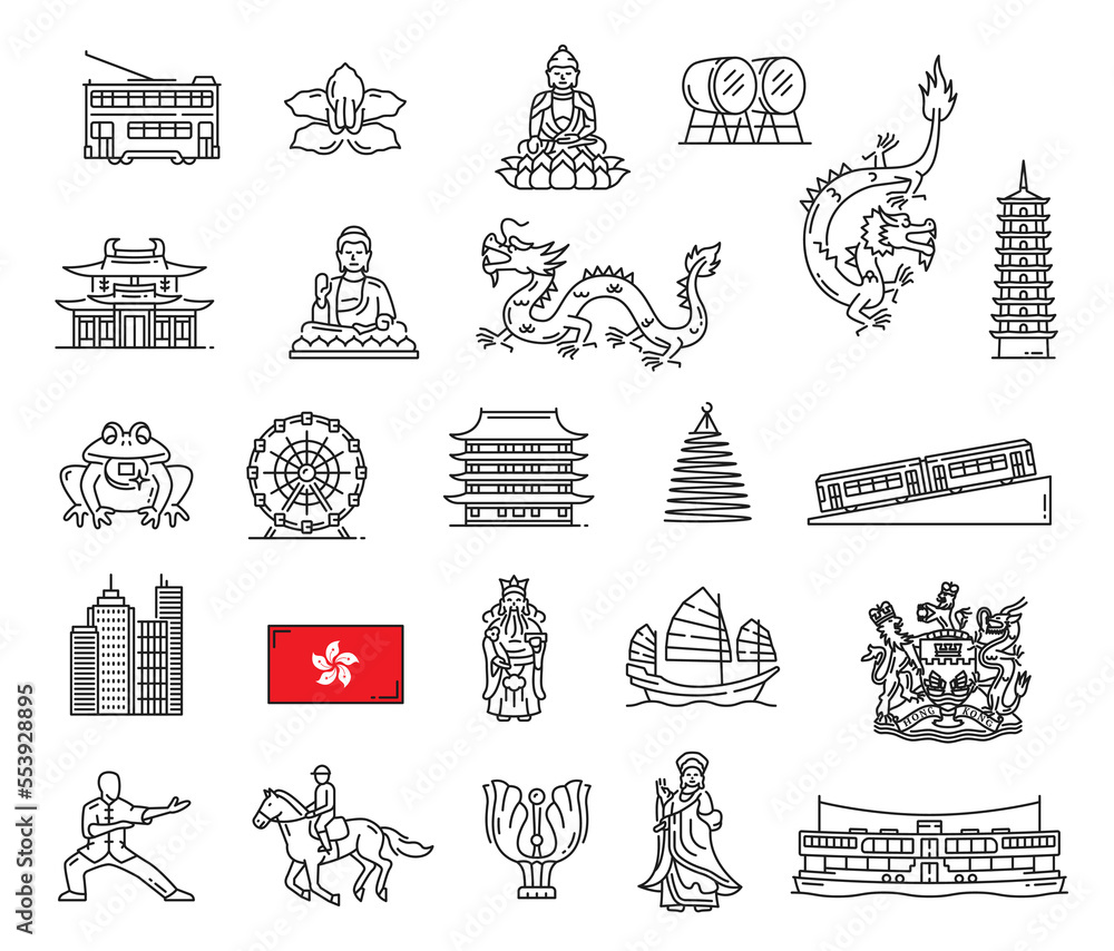Hong Kong landmark and travel outline icons. Hong Kong doubledecker ... Hong Kong landmark and travel outline icons. Hong Kong doubledecker ...