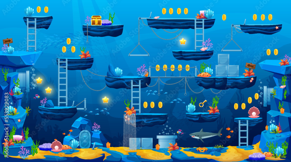 2d Arcade Game Underwater Landscape Level Map Interface Shark Platform Stairs Coins Bonus