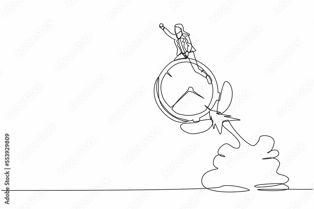 Single one line drawing businesswoman riding alarm clock rocket flying ...