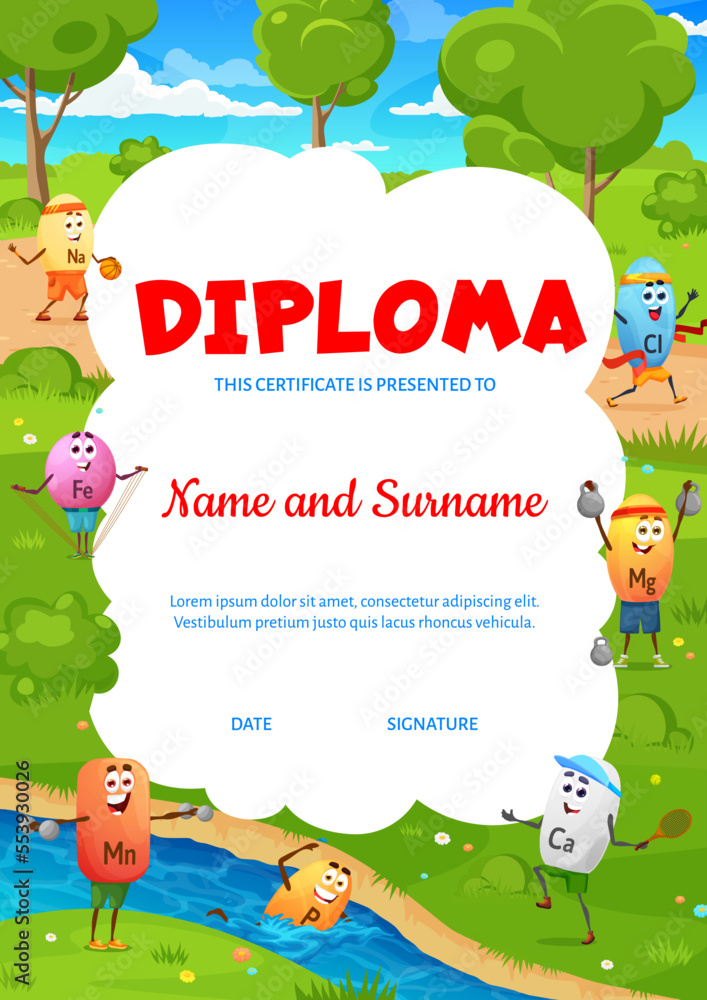 Kids diploma. Cartoon micronutrient sportsman characters. Child ...
