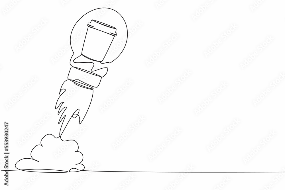 Single continuous line drawing paper cup launching with light bulb ...