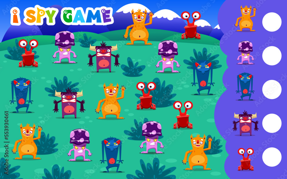 I spy game monster characters, kids vector educational puzzle ...