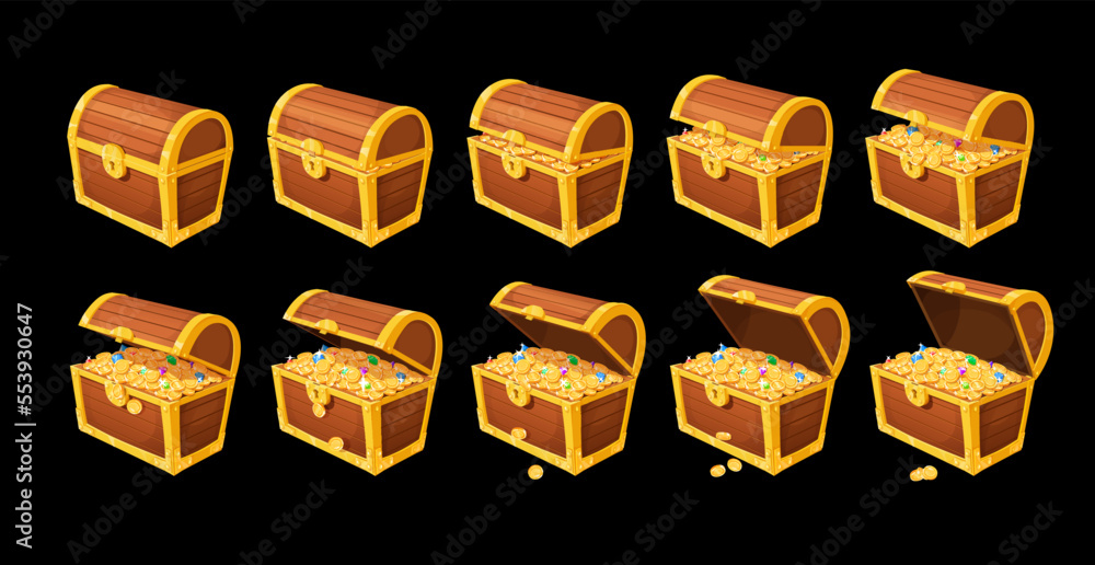 Cartoon treasure chest box animation. Golden coins and gemstones in ...
