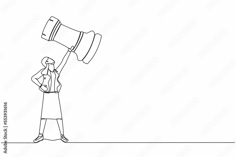Single continuous line drawing businesswoman holding rook chess piece ...