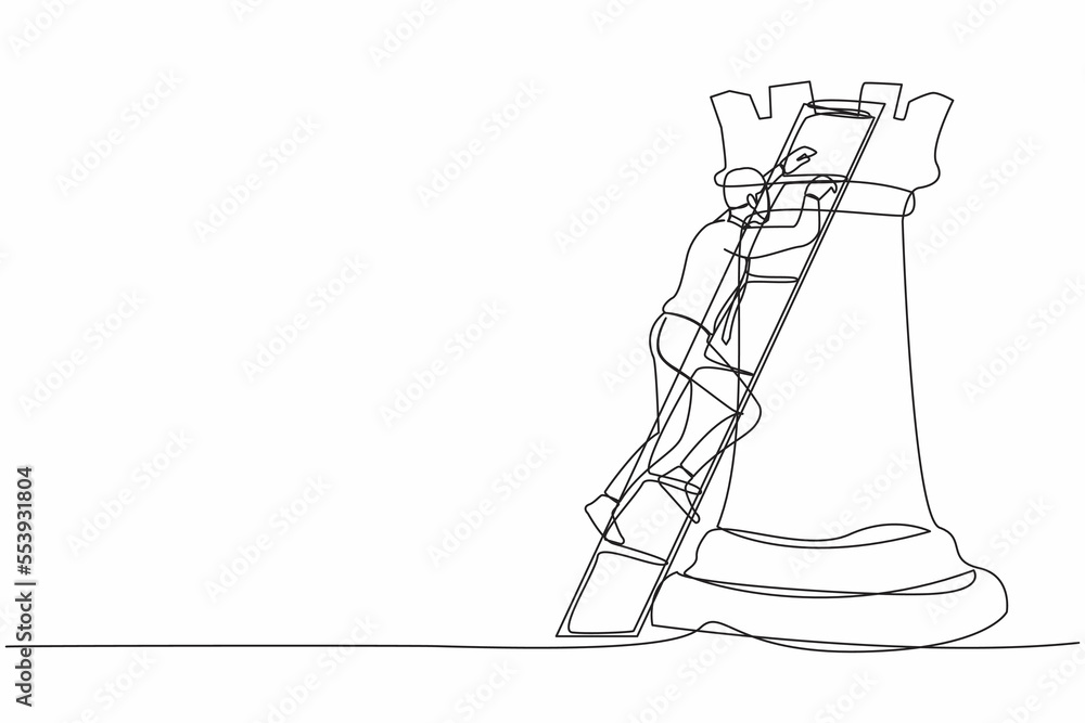 Continuous one line drawing active businessman climb huge rook chess ...