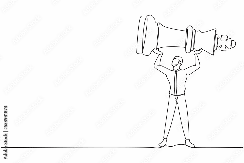 Single one line drawing businessman holding or lifting king chess piece ...