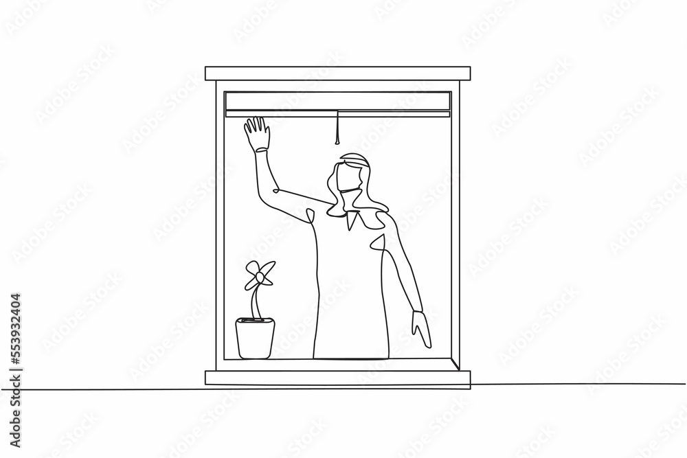 Single one line drawing Arab male waving at window as look like to ...