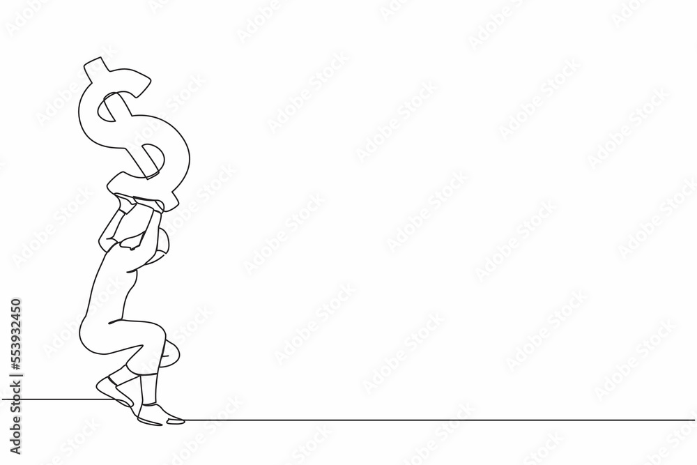 Continuous one line drawing Arab businesswoman carrying heavy dollar ...