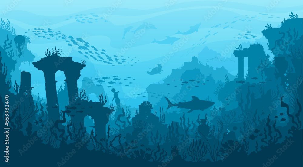 Underwater landscape, ancient city columns and temples, shark, manta ...