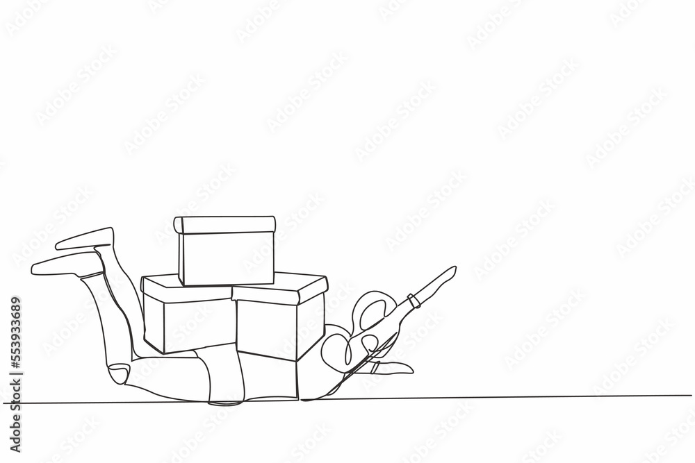Continuous one line drawing stressed robot under heavy pile of box ...